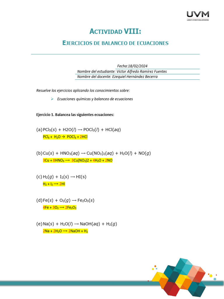U4_Ejercicios Química Victor Ramírez | PDF
