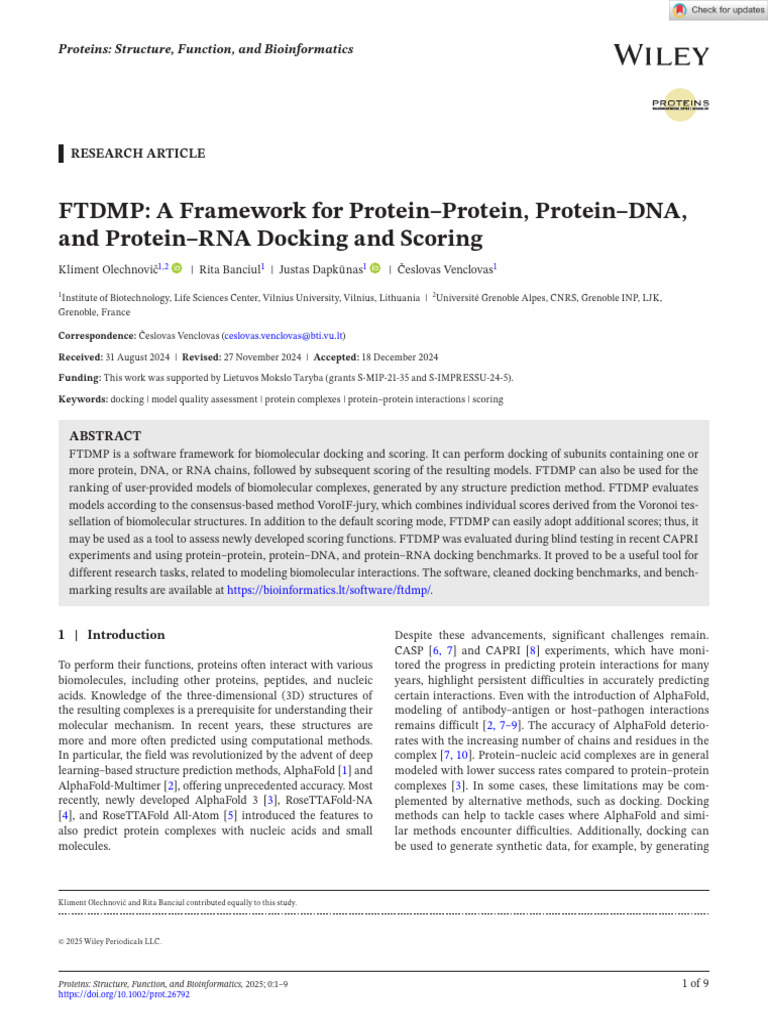 Proteins - 2025 - Olechnovič - FTDMP A Framework For Protein Protein ...
