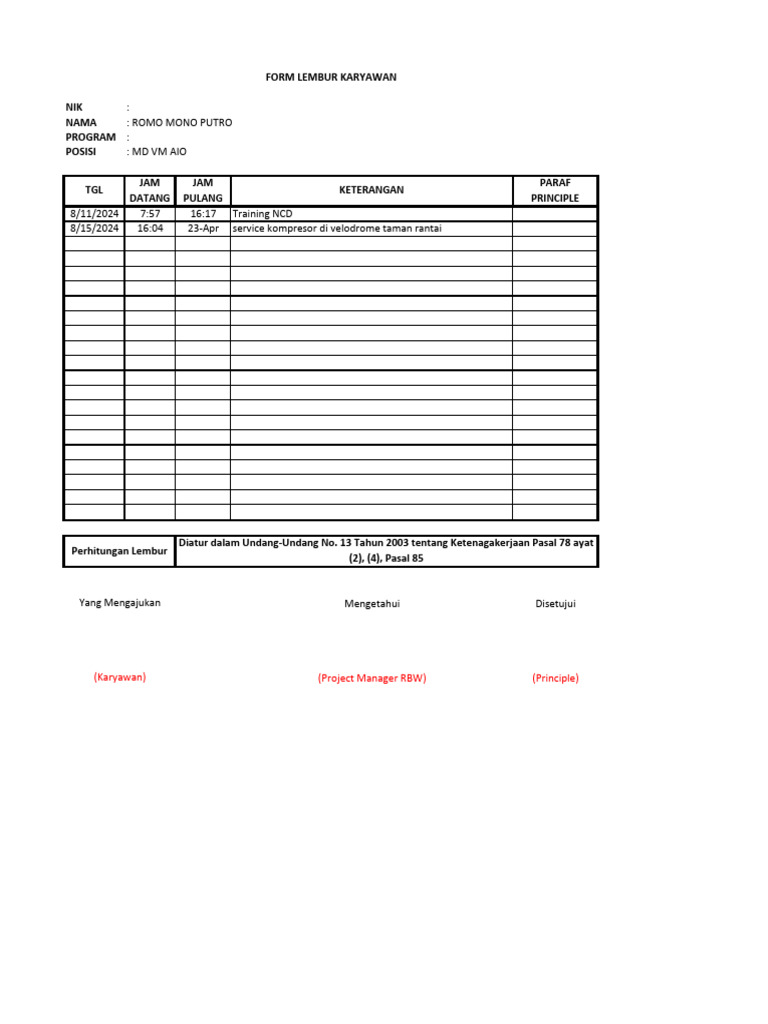 Form Lembur MD01 Periode Agustus | PDF