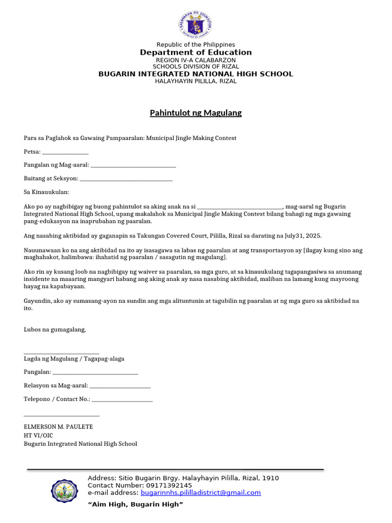 Pahintulot Waiver Jingle Contest With Principal | PDF