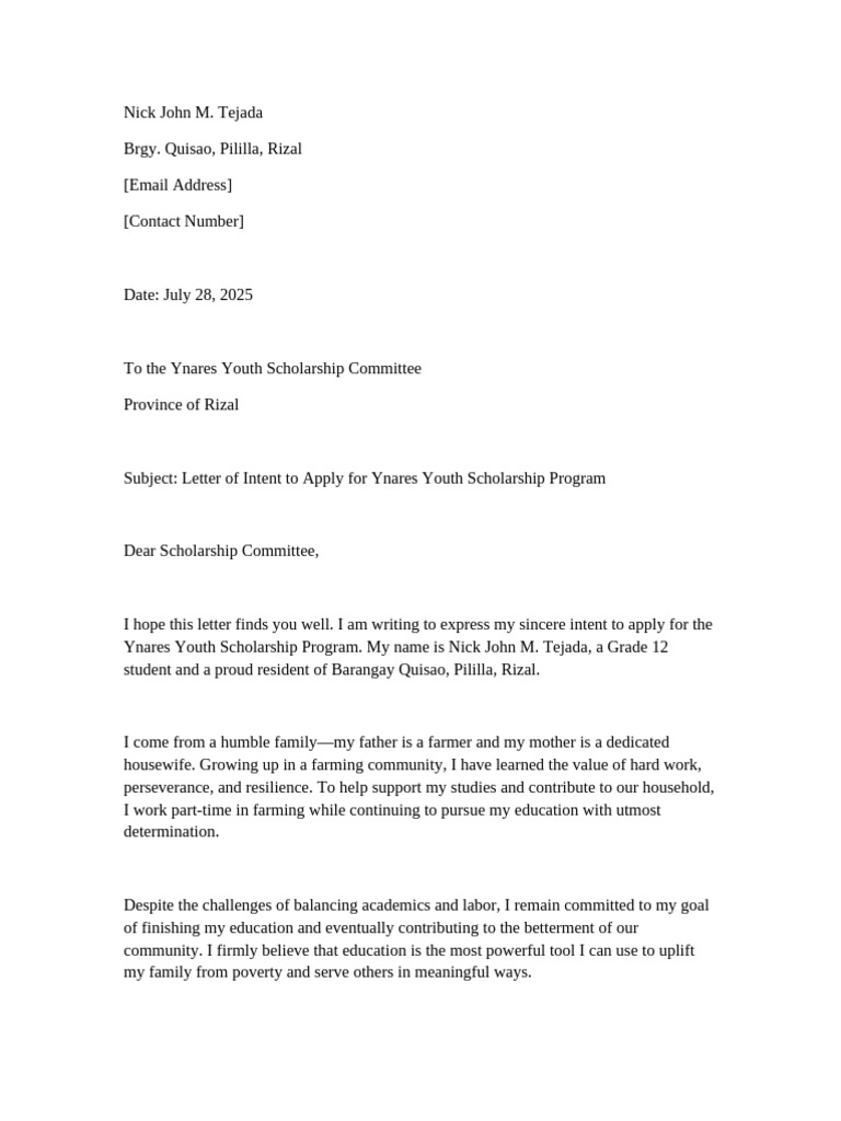 Ynares Scholarship Letter Nick John Tejada | PDF
