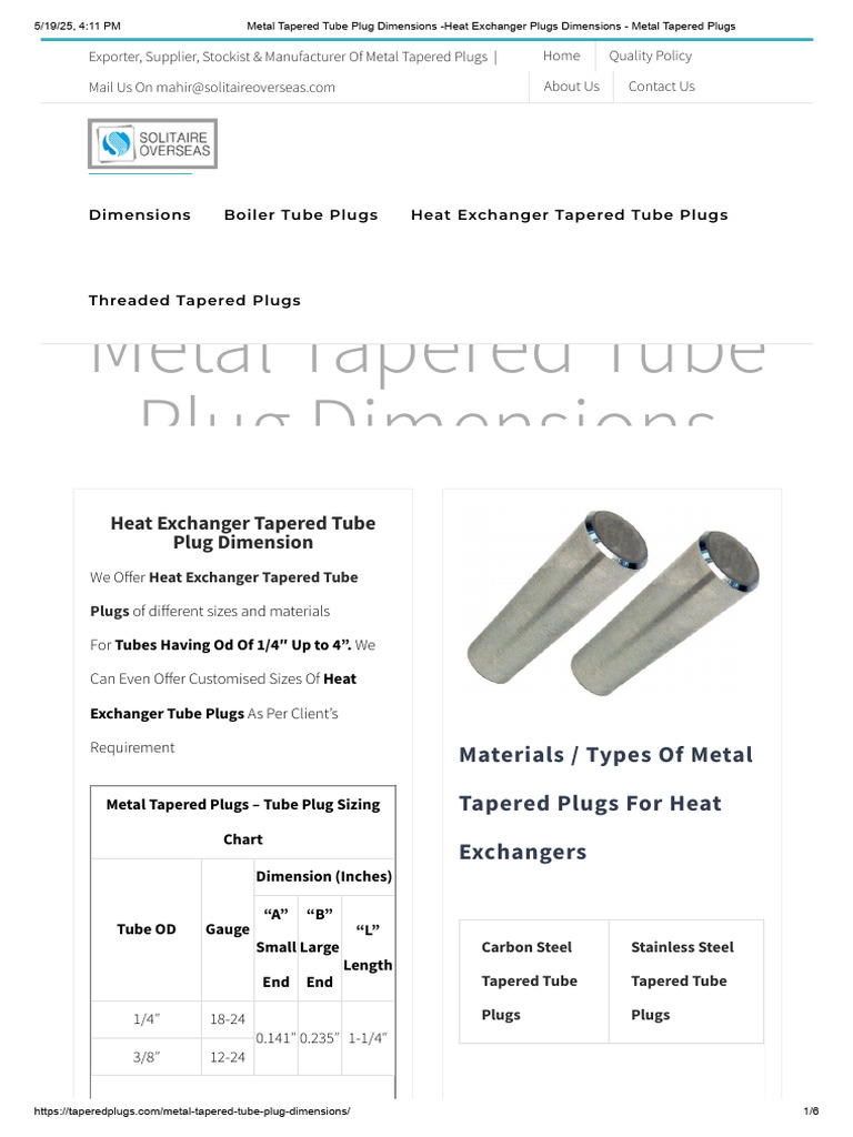 Heat Exchanger Tapered Tube Plugs Guide | PDF | Pipe (Fluid Conveyance ...