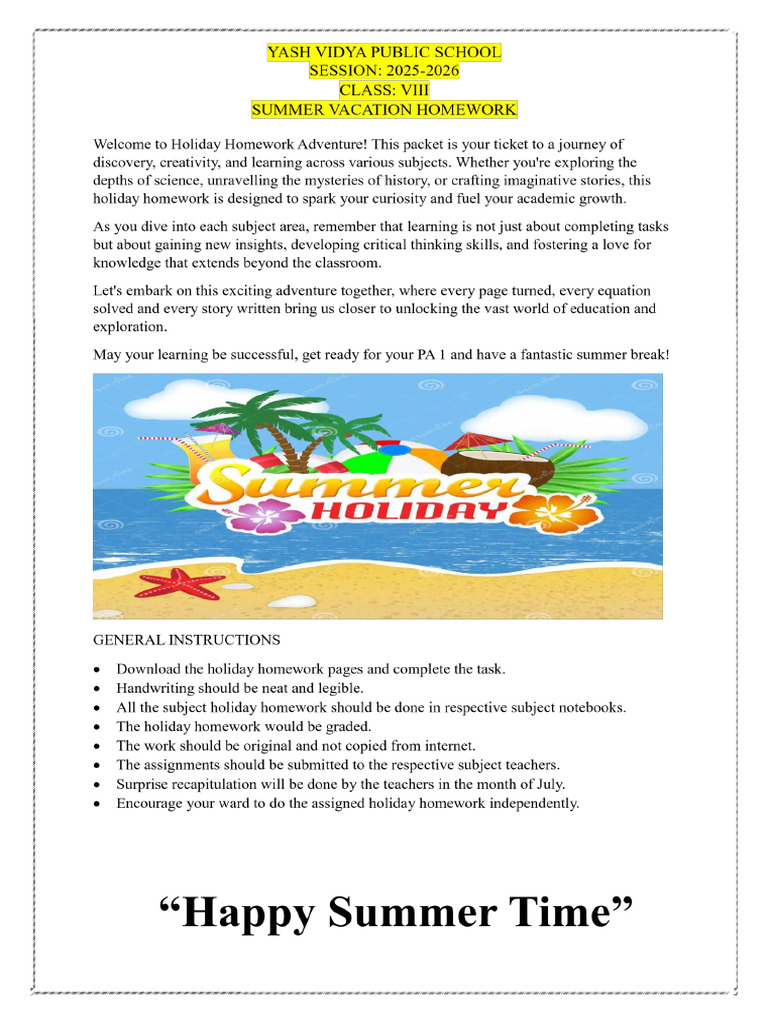 Class Viii Summer Vacation Homework-2 | PDF