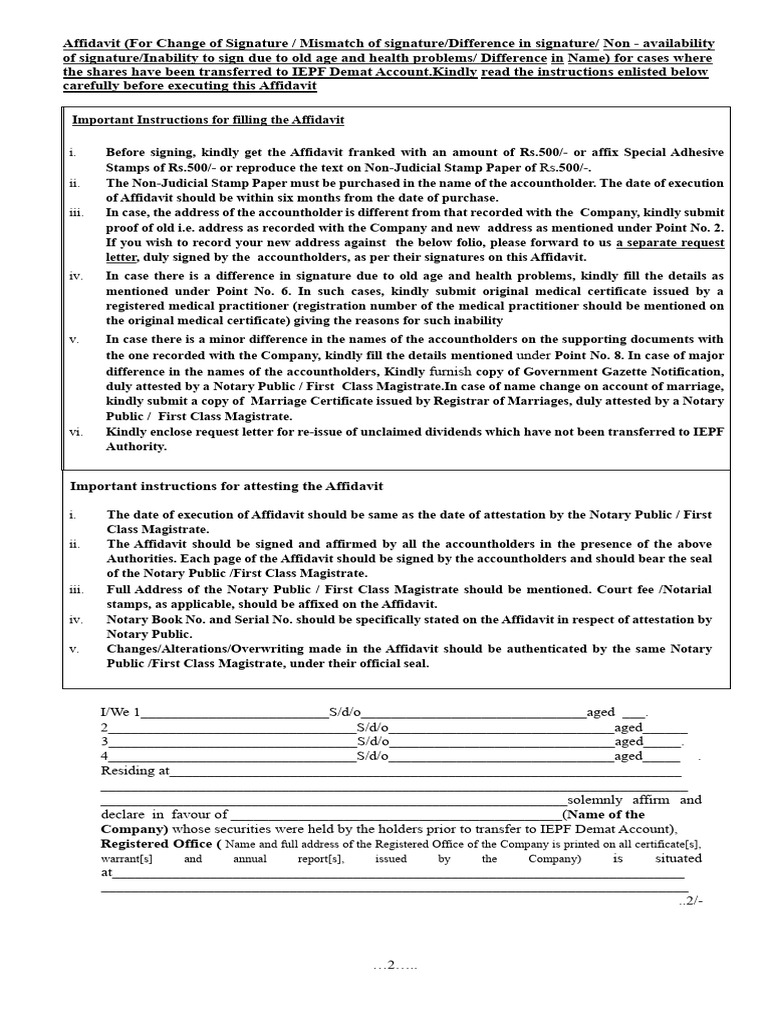 Affidavit For Updation of Specimen Signature (IEPF) | PDF | Notary Public | Affidavit
