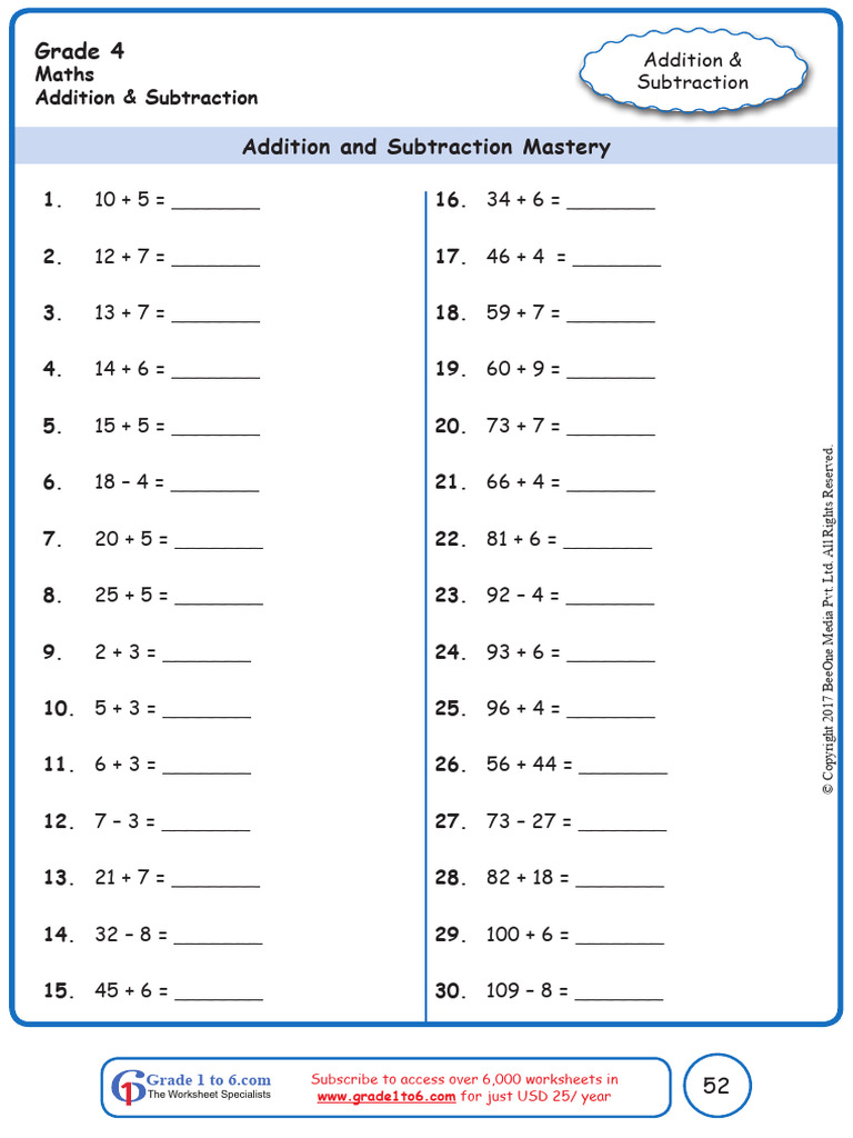 Grade 4 Addition & Subtraction Worksheets | PDF