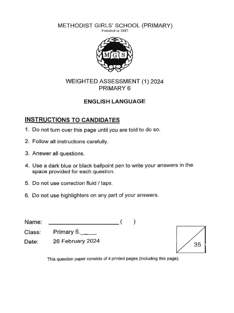 2024 P6 English Weighted Assessment 1 Methodist Girls | PDF