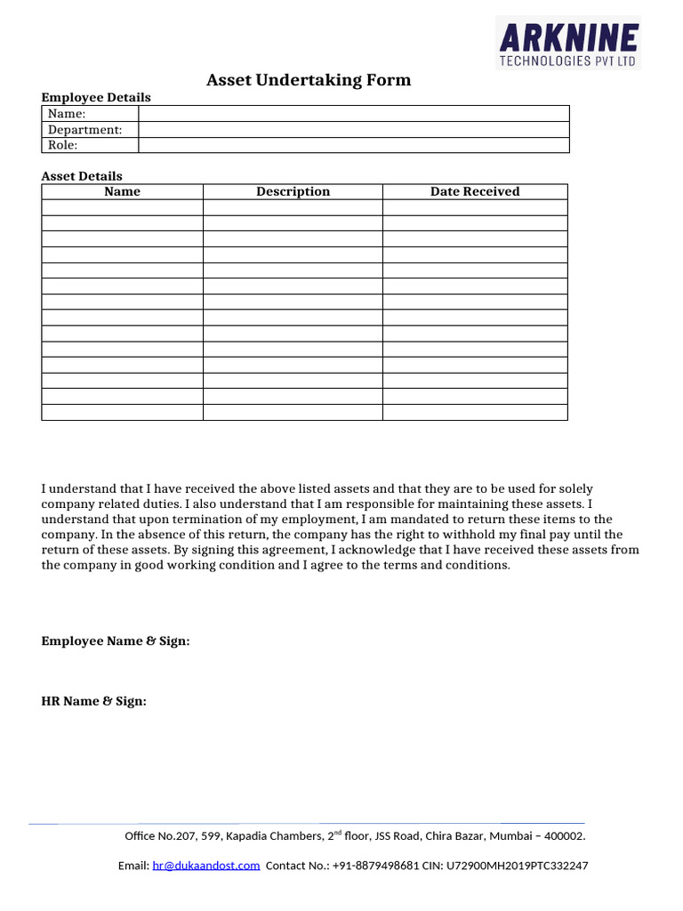 Assest Undertaking Form | PDF