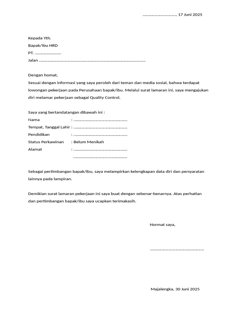Surat Lamaran Pekerjaan Quality Control | PDF