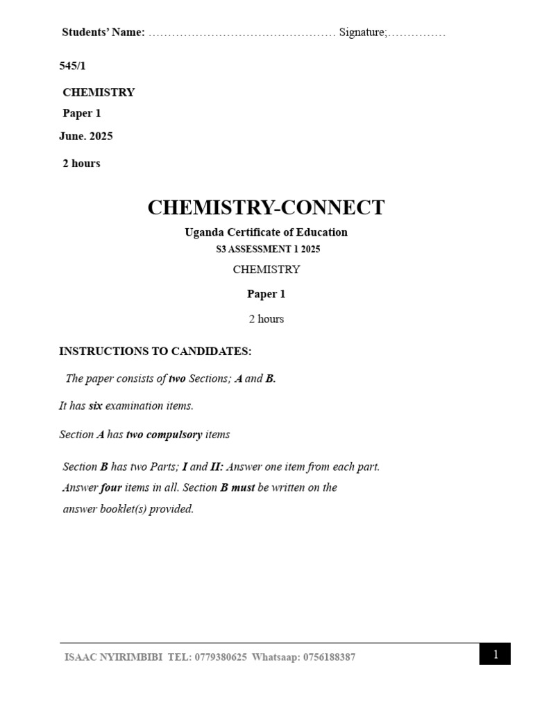 s3 Chemistry Paper 1 Assessment 1 Term 2 2025 | PDF | Atoms | Proton