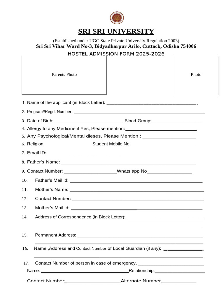 Hostel Admssion Form Ssu (1) | PDF
