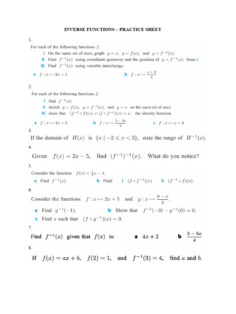 Inverse Functions-Practice Sheet | PDF