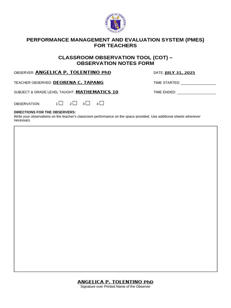Annex C 7 COT Observation Notes Form | PDF