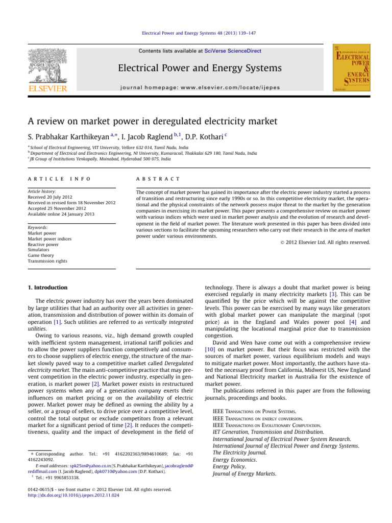 A Review On Market Power in Deregulated Electricity Market | PDF ...