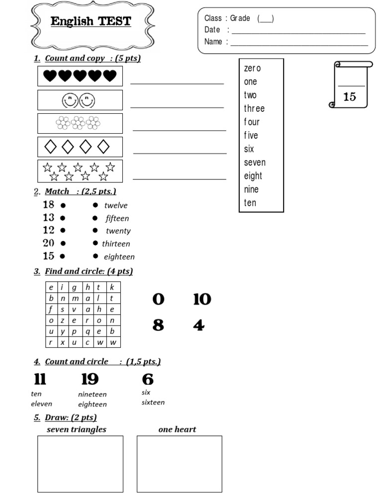 ENGLISH TEST - Numbers 0-20 | PDF