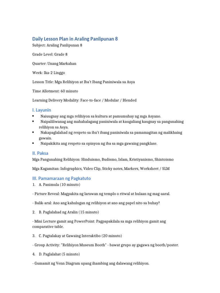 Lesson Plan Grade8 AP Relihiyon | PDF