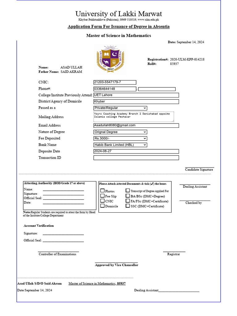 Degree Application Form | PDF | Authentication | Pakistan