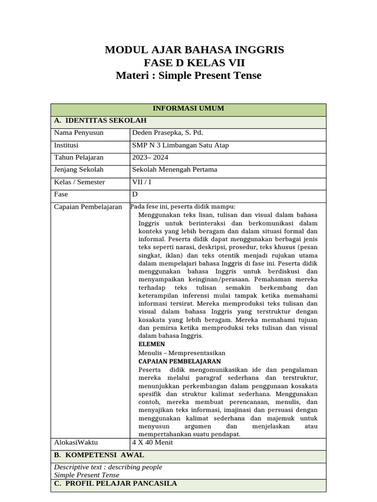 Modul Ajar Deden Prasepka, S. Pd. SMP N 3 Limbangan Satu Atap Simple Present Tense UKIN | PDF