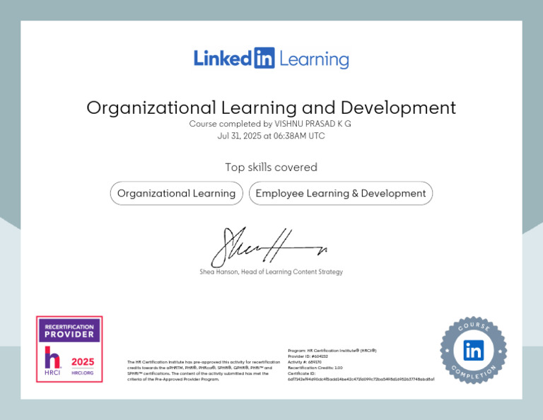 CertificateOfCompletion - Organizational Learning and Development | PDF