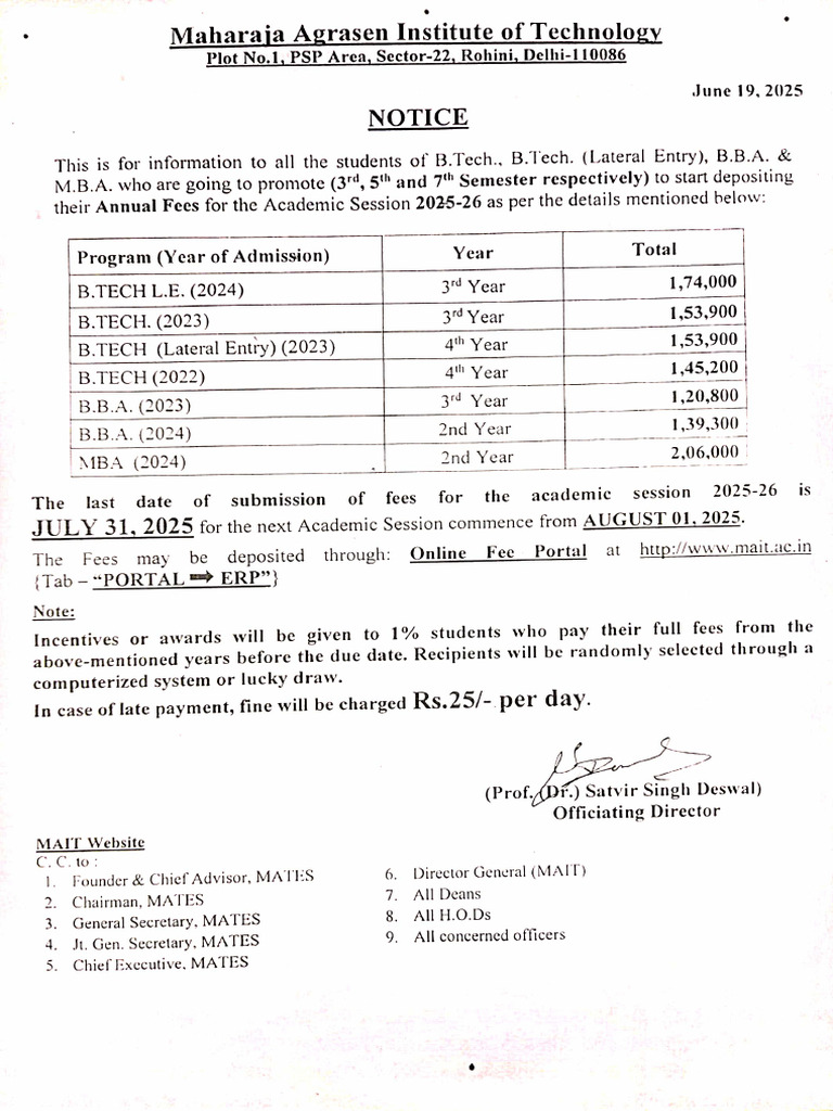 Annual Fees Notice For The Academic Session 2025-26 | PDF