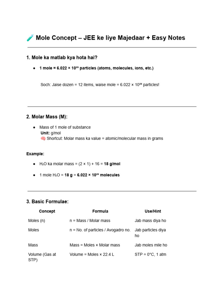 Mole Concept Notes for JEE Preparation | PDF | Mole (Unit) | Molecules
