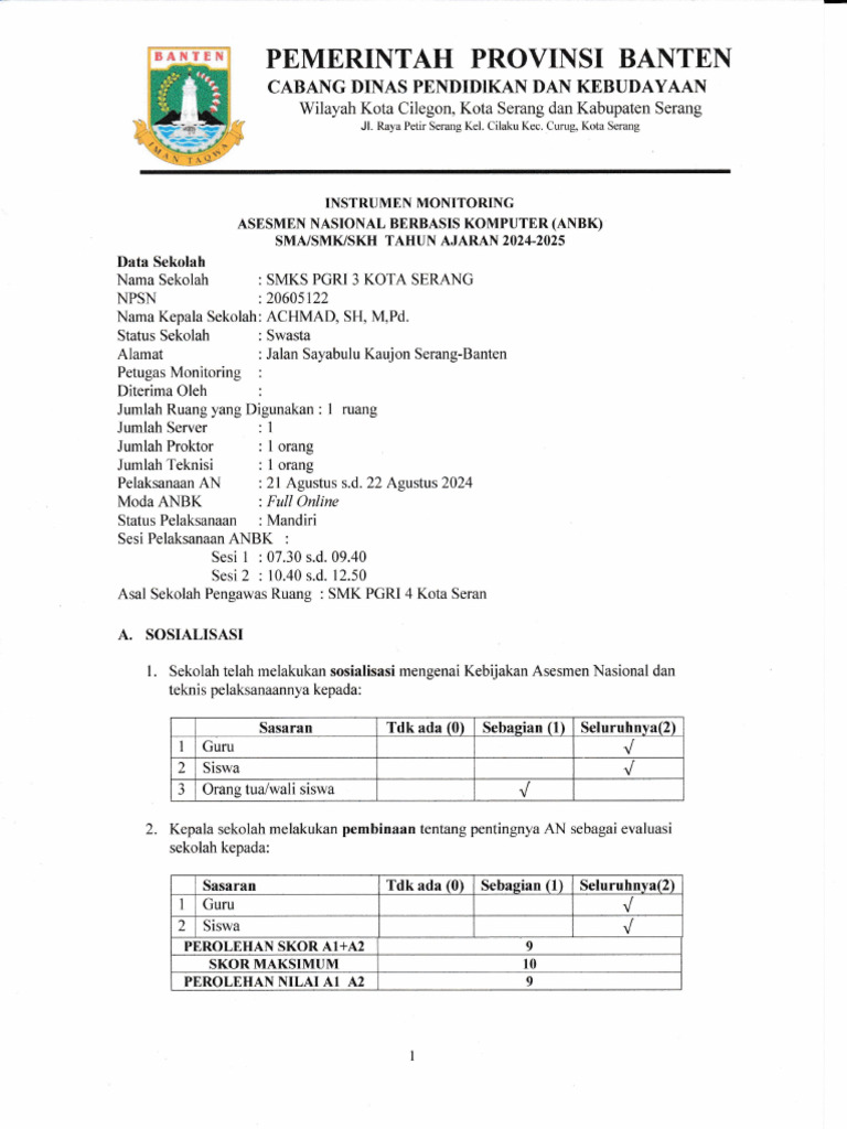 Instrumen Monitoring Anbk SMK Pgri 3 Kota Serang Tahun 2024 | PDF