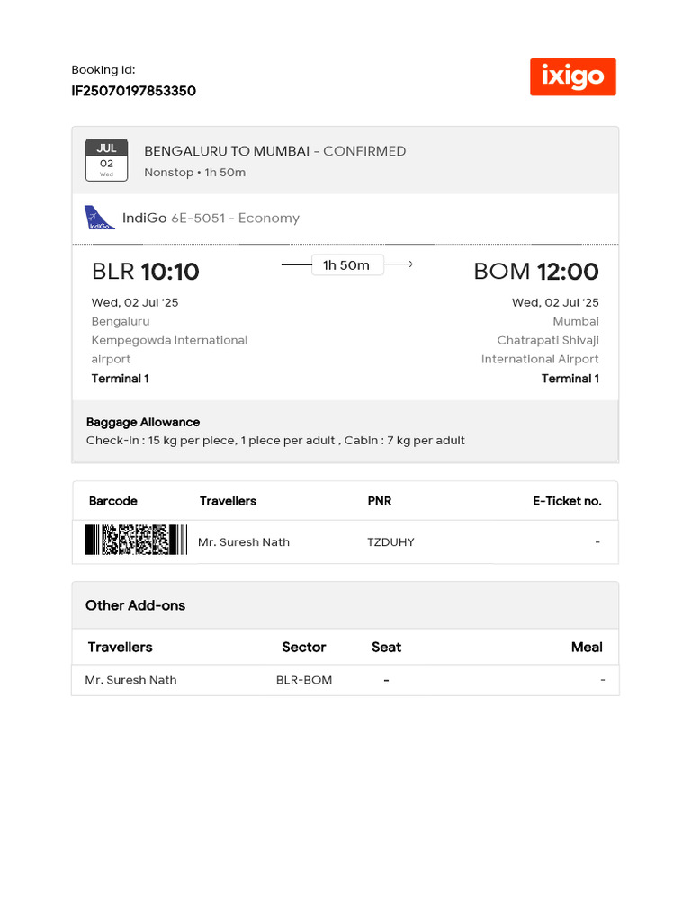 IndiGo Flight 6E-5051 Booking Details | PDF | Aviation