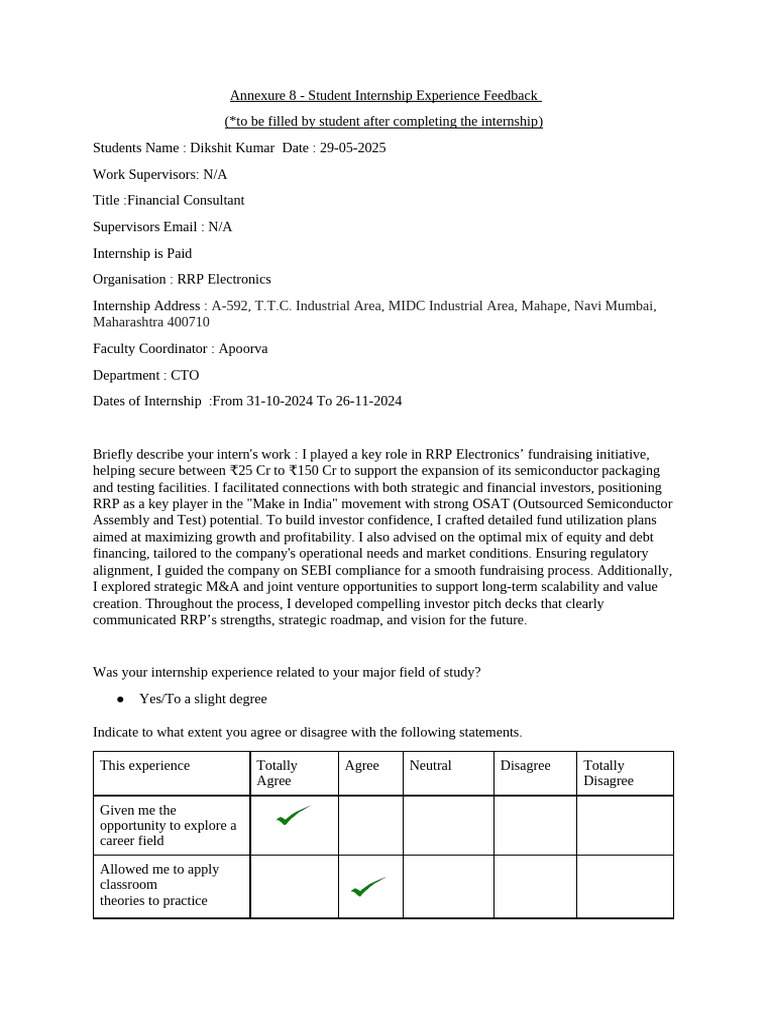 Annexure 8 - Student Internship Experience Feedback Dikshit | PDF | Mentorship | Skill