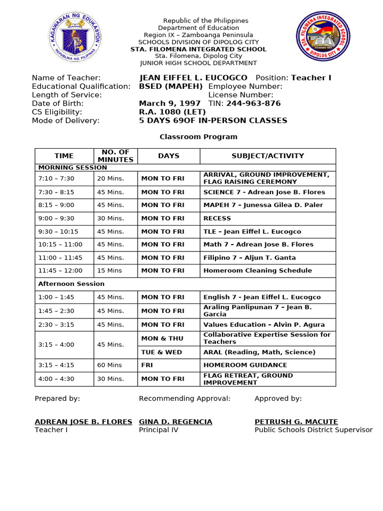 Teaching Load Schedule for Jean Eucogco | PDF | Southeast Asia | Teaching