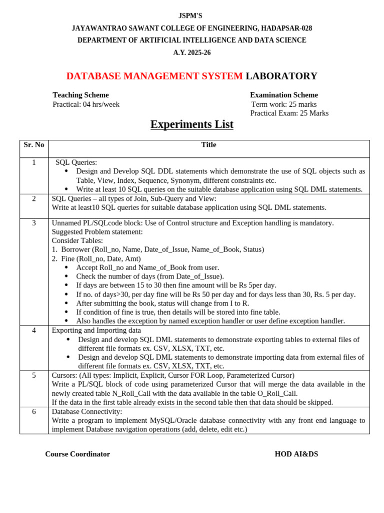 DBMS List of Experiment 2025-26 | PDF | Databases | Sql