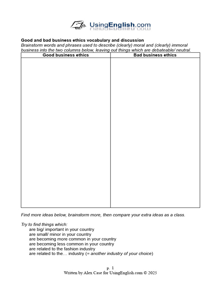 Week 7good and Bad Business Ethics Vocabulary and Discussion | PDF ...