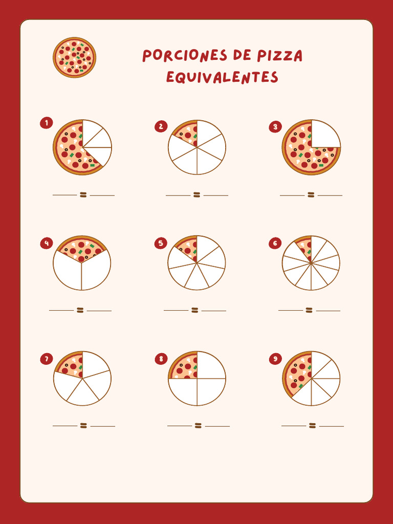 Equivalent Pizza Fractions Worksheet in Red Illustrated Style | PDF