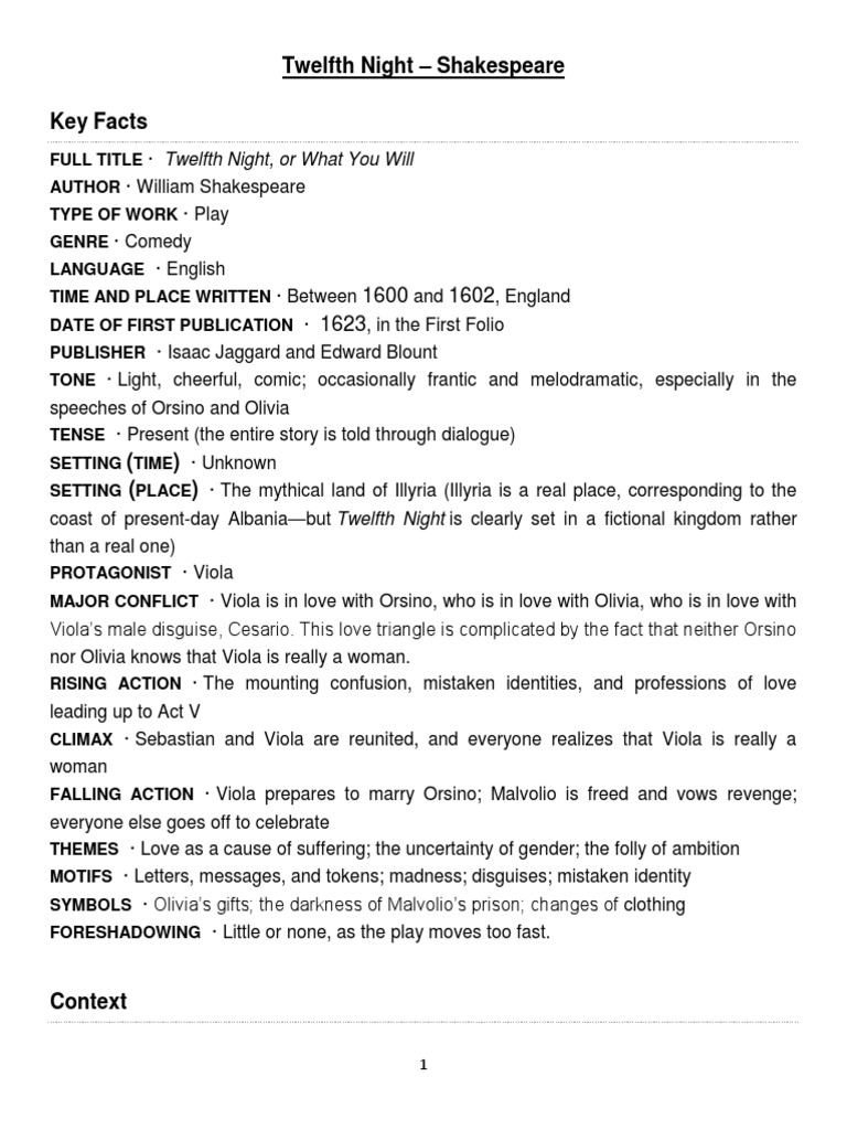 Twelfth Night Summary | PDF | Twelfth Night