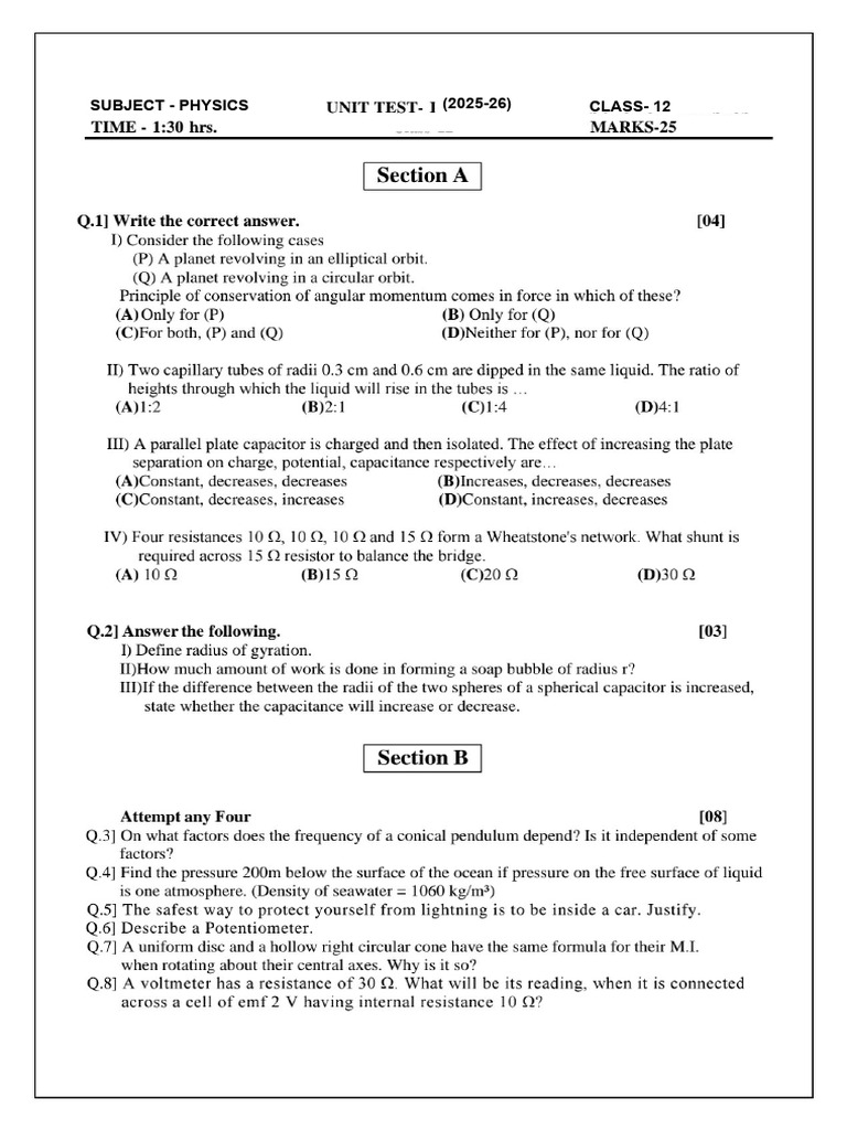 Xii Physics Unit Test I | PDF