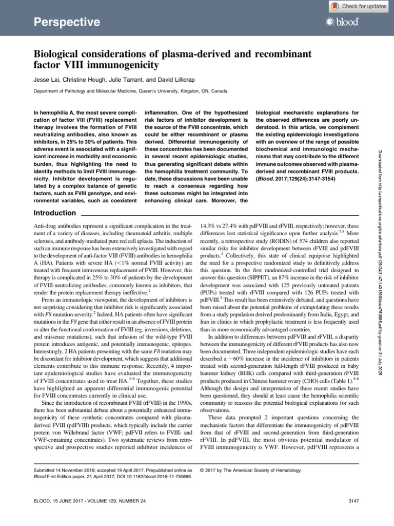 Biological Considerations of Plasma-Derived and Recombinant Factor VIII ...