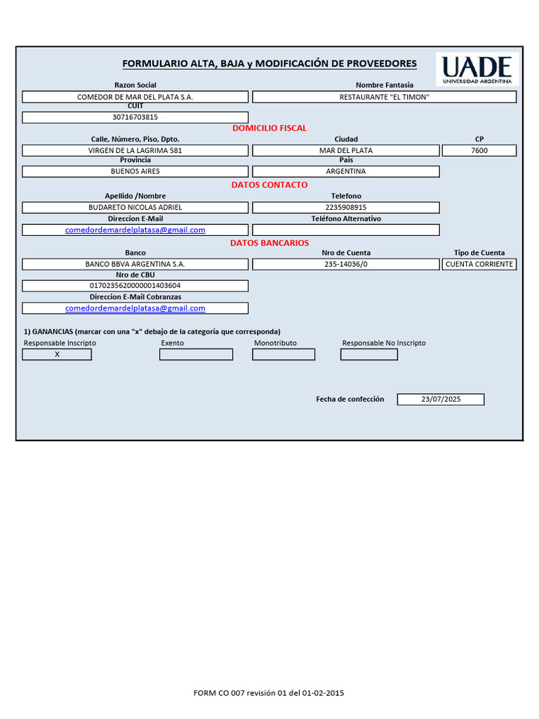 Anexo Vi - Formulario - Comedor de Mar Del Plata S.A. | PDF