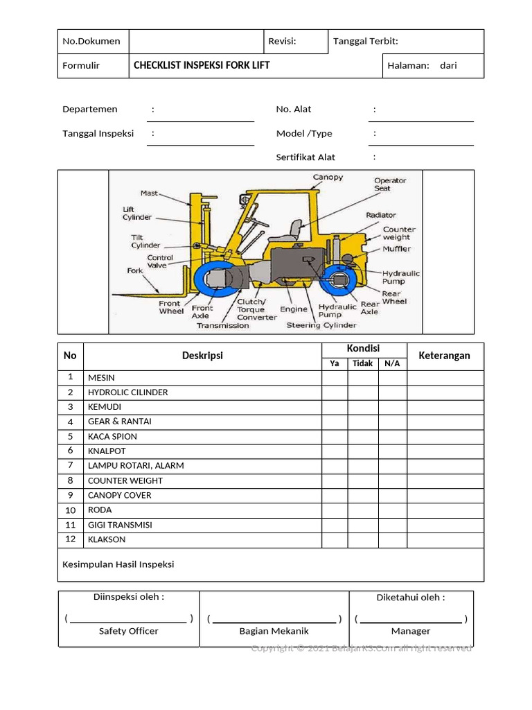 Form Check List Inspeksi Fork Lift | PDF