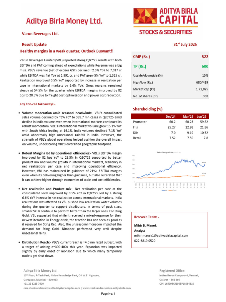 VBL Q2CY25 Results: Strong Margins, Outlook | PDF | Securities (Finance ...