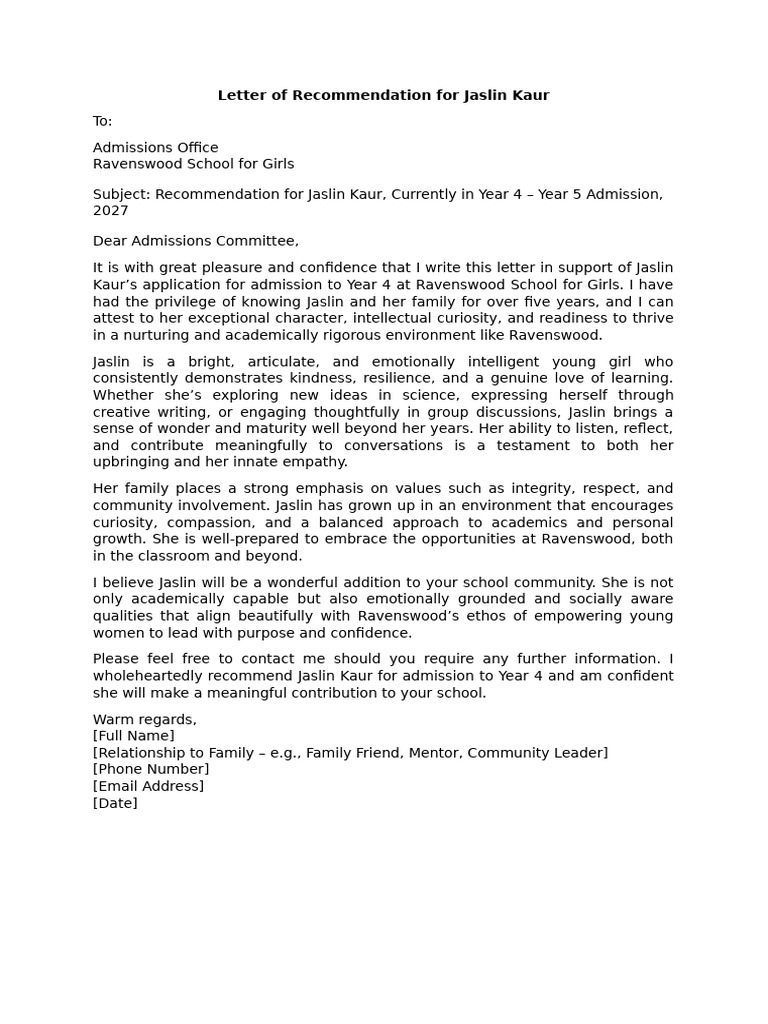 Letter of Recommendation For Jaslin Kaur - v1 | PDF