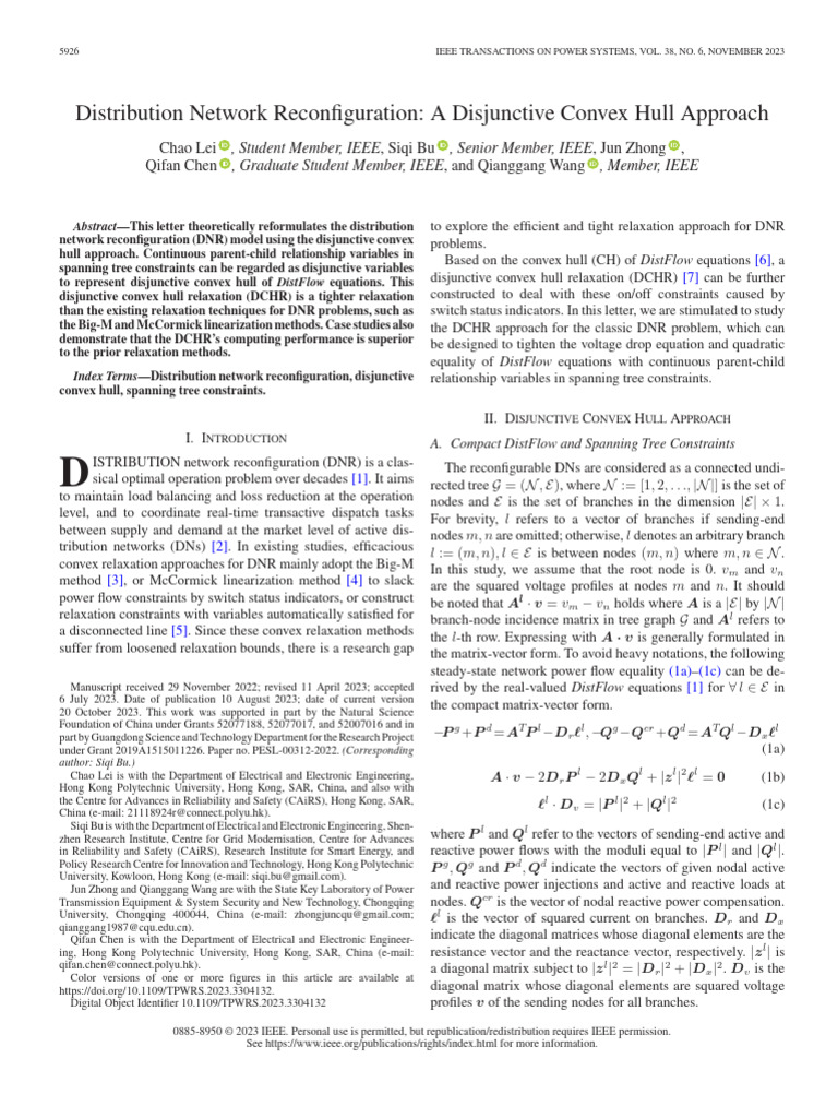 Distribution Network Reconfiguration A Disjunctive Convex Hull Approach ...