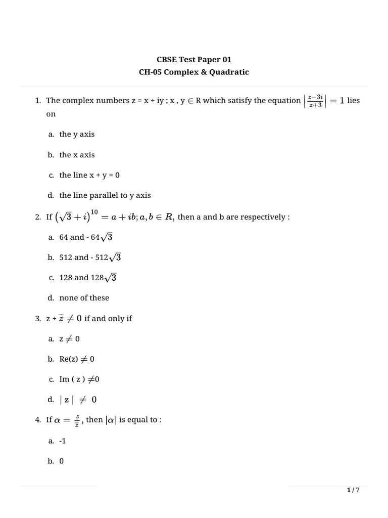 CBSE Test Paper 01 CH-05 Complex & Quadratic | PDF | Complex Number ...