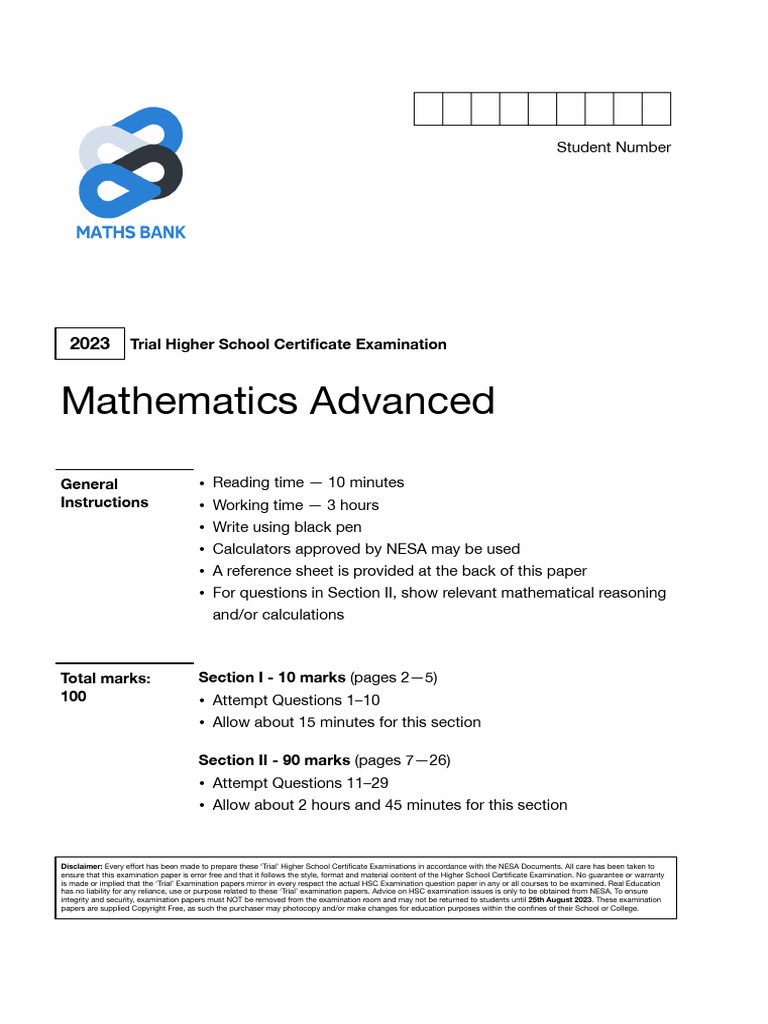 2023 Trial HSC Mathematics Exam | PDF | Mathematics