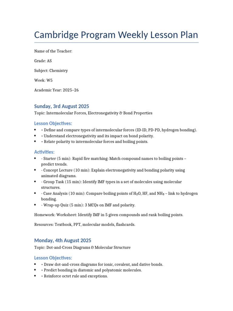 Cambridge as Lesson Plan August 2025 | PDF | Chemical Polarity | Chemical Bond
