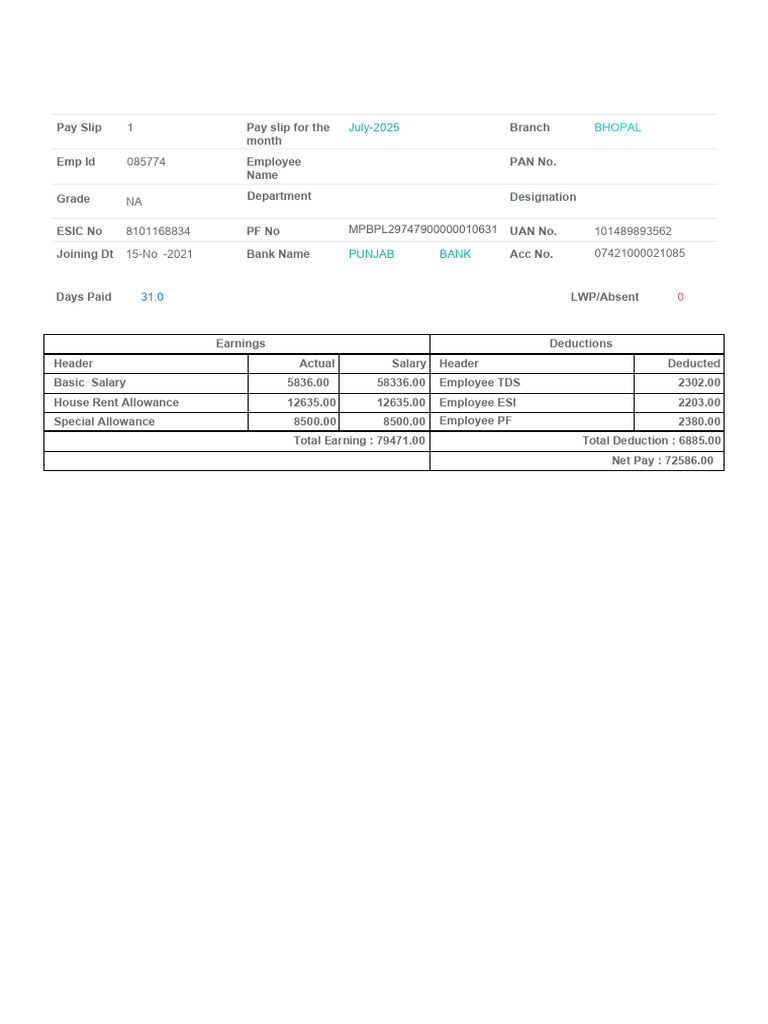 Pay Slip July 2025 | PDF