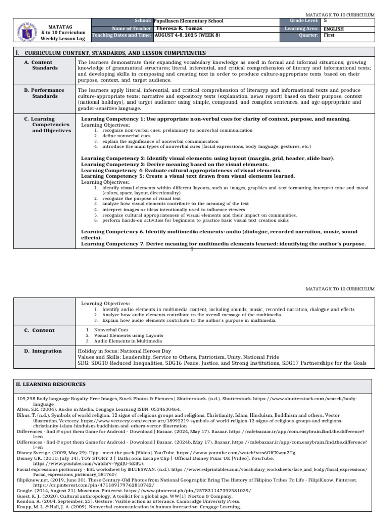 DLL Matatag - English 5 q1 w8 | PDF | Nonverbal Communication | Body Language