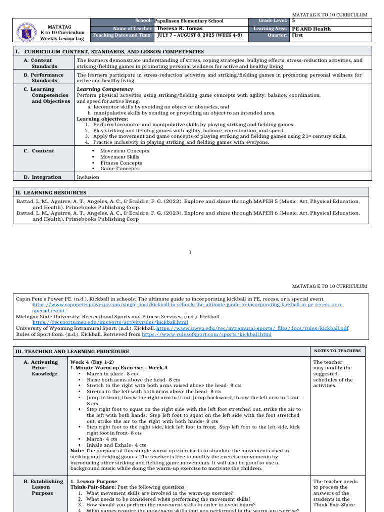 DLL Matatag - Pe&health 5 q1 w4-8 | PDF | Batting (Baseball) | Pitcher