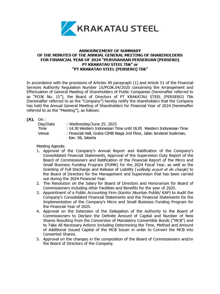 Krakatau Steel 2024 AGM Summary | PDF | Board Of Directors | Business