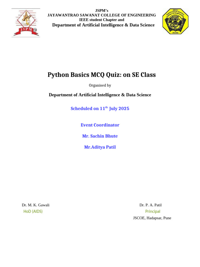 Python Basics MCQ Quiz at JSCOE | PDF | Multiple Choice | Artificial ...