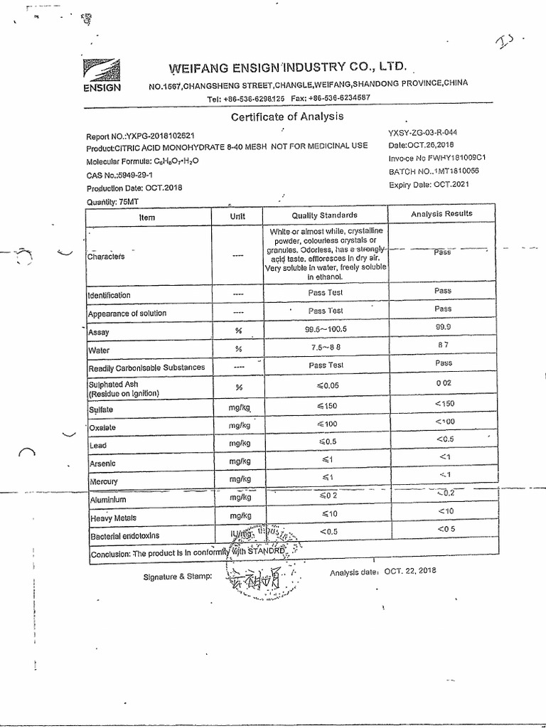 Citic Acid Mono Test Report | PDF
