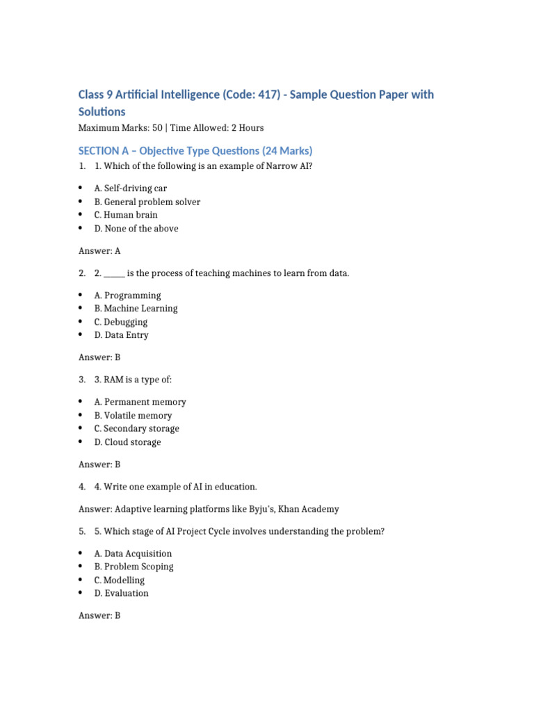 Class9 AI 417 QuestionPaper With Solutions | PDF