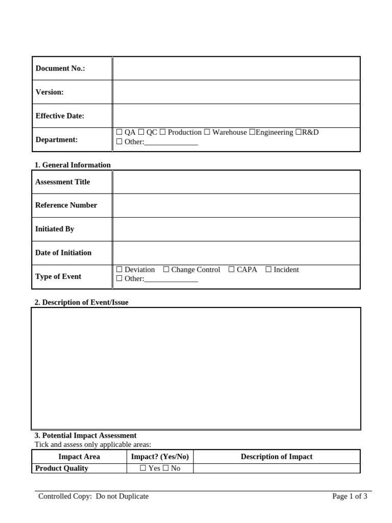 Impact Assessment Form Pharma | PDF | Risk